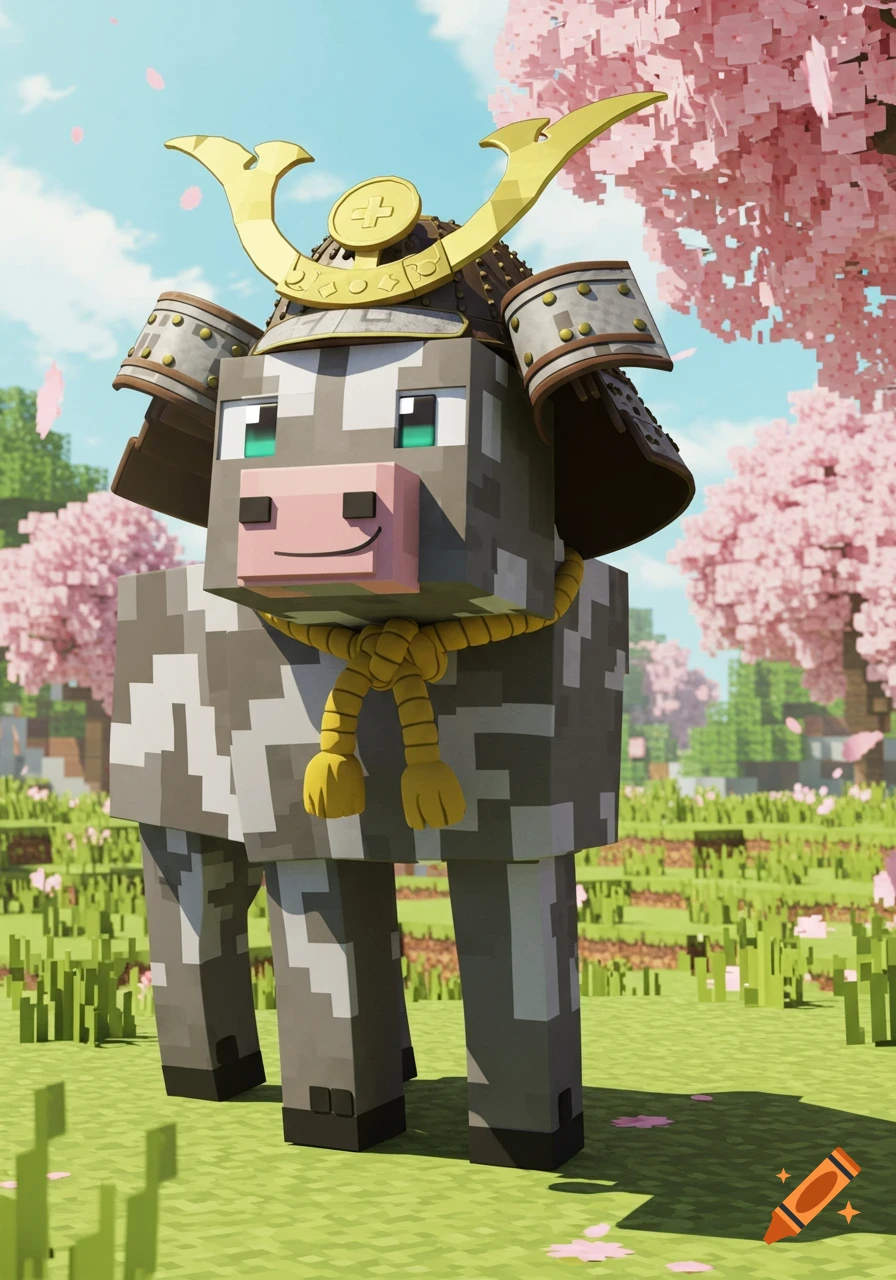 A Minecraft cow wearing samurai armor stands in a field with cherry ...