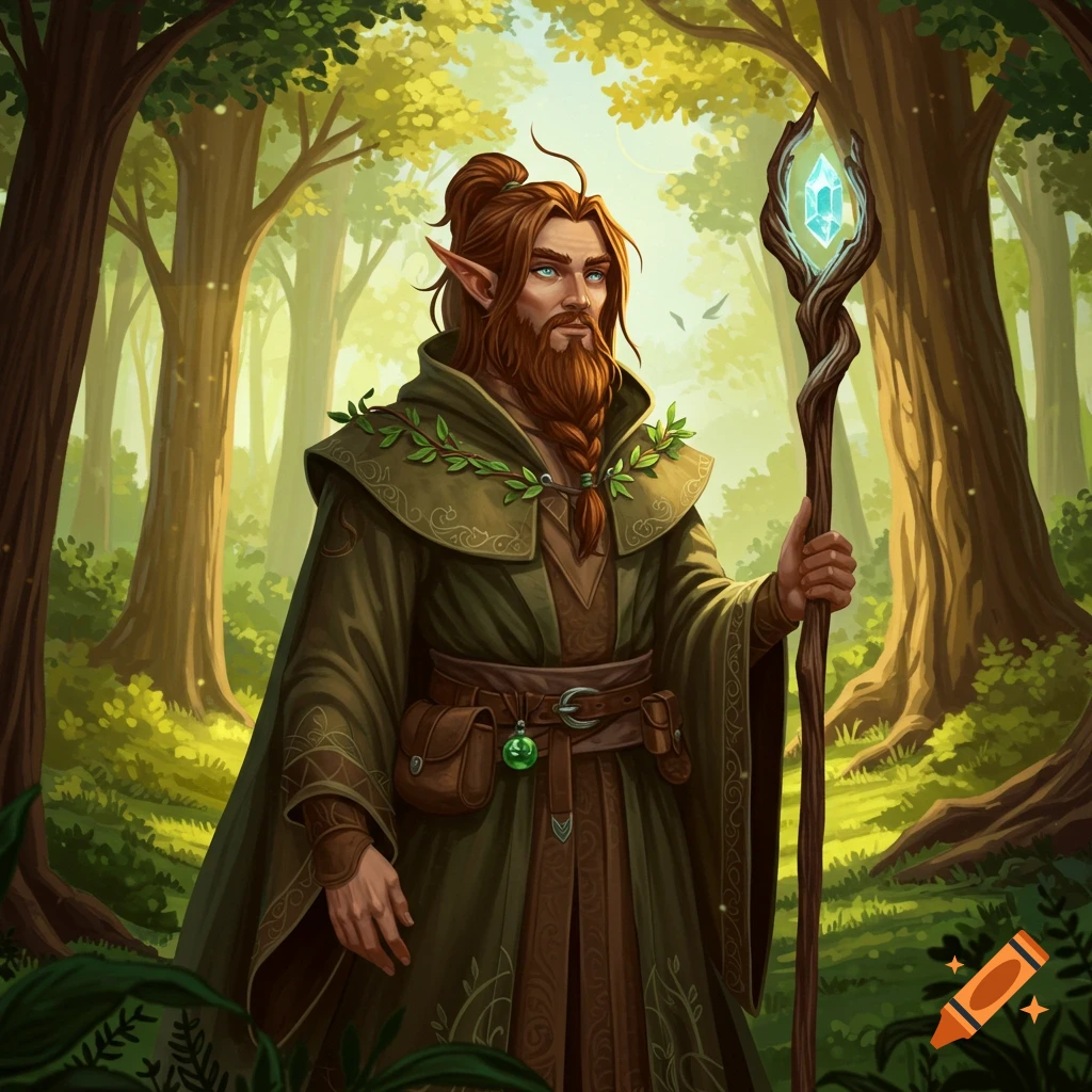 Male wood elf wizard with staff in a forest on Craiyon