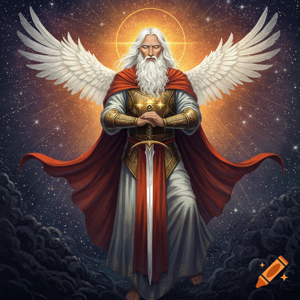 A powerful angelic figure with white hair, wings, and a sword stands in ...