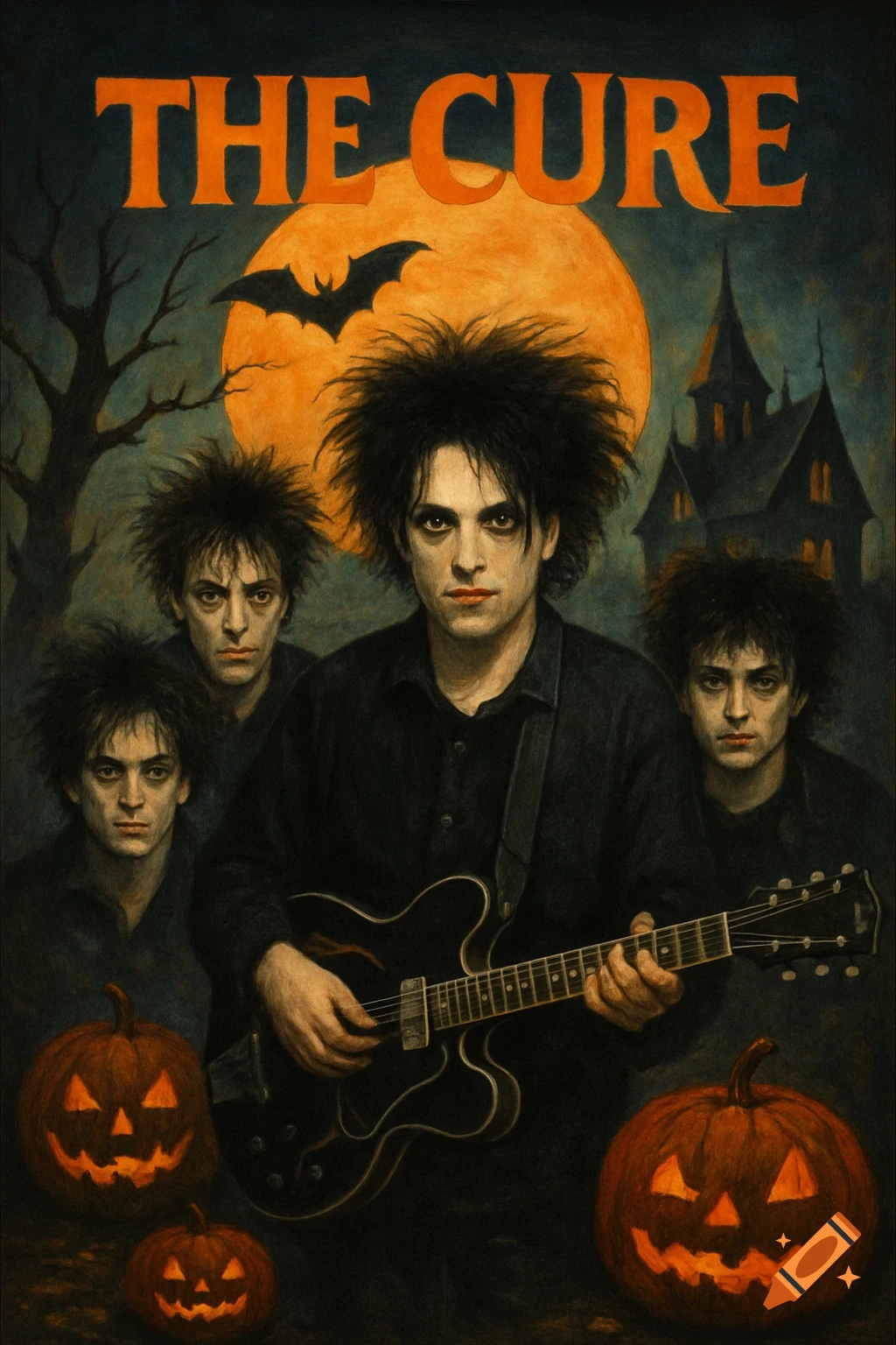 The Cure Halloween band portrait with pumpkins, full moon, bat, and ...
