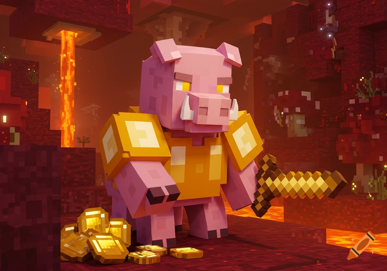 A Minecraft Piglin character in golden armor holds a sword, standing ...