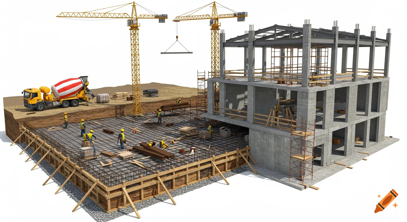 3D rendering of a building construction site showing the foundation ...