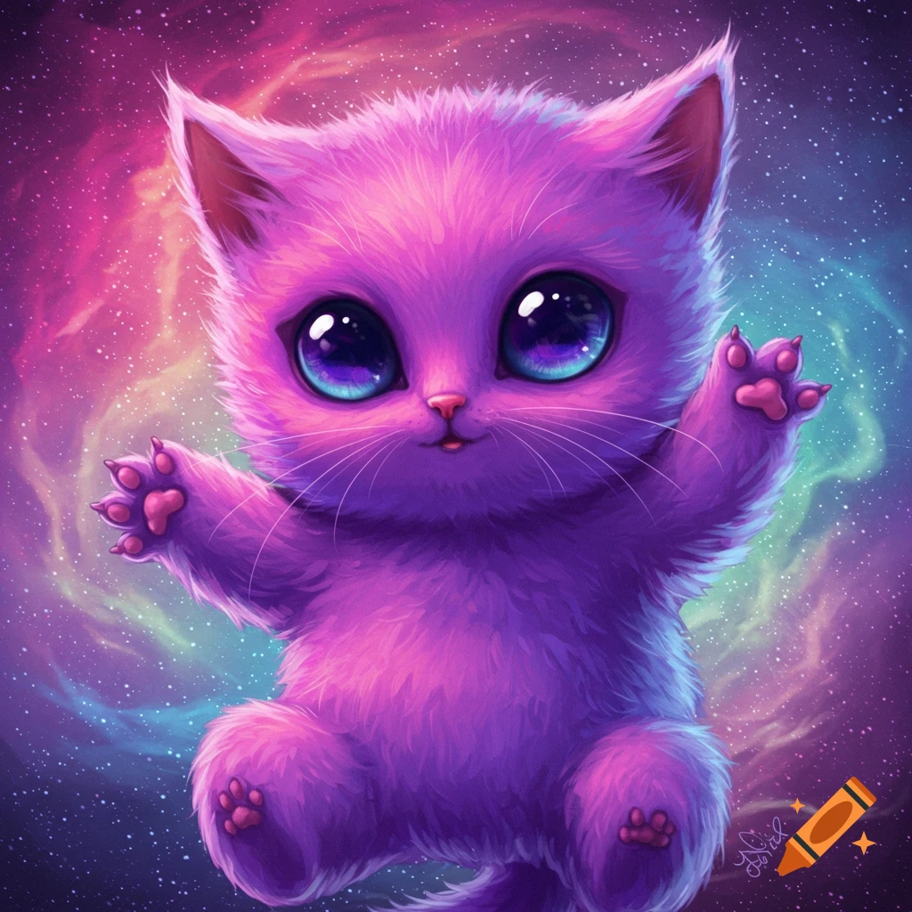 A cute purple alien kitten with big eyes floats in colorful cosmic space. on Craiyon