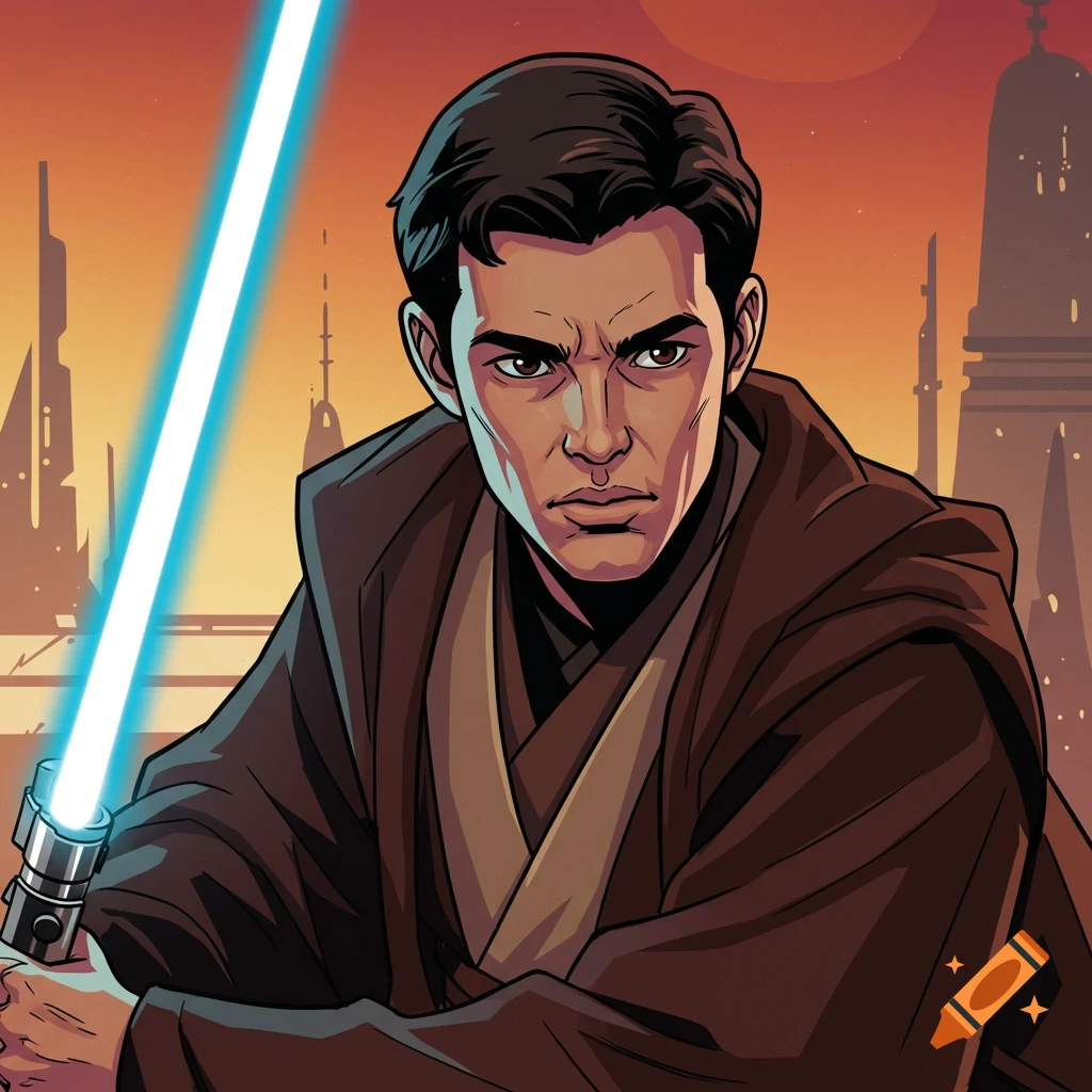 A man in a brown robe holds a blue lightsaber in a comic book style. on ...