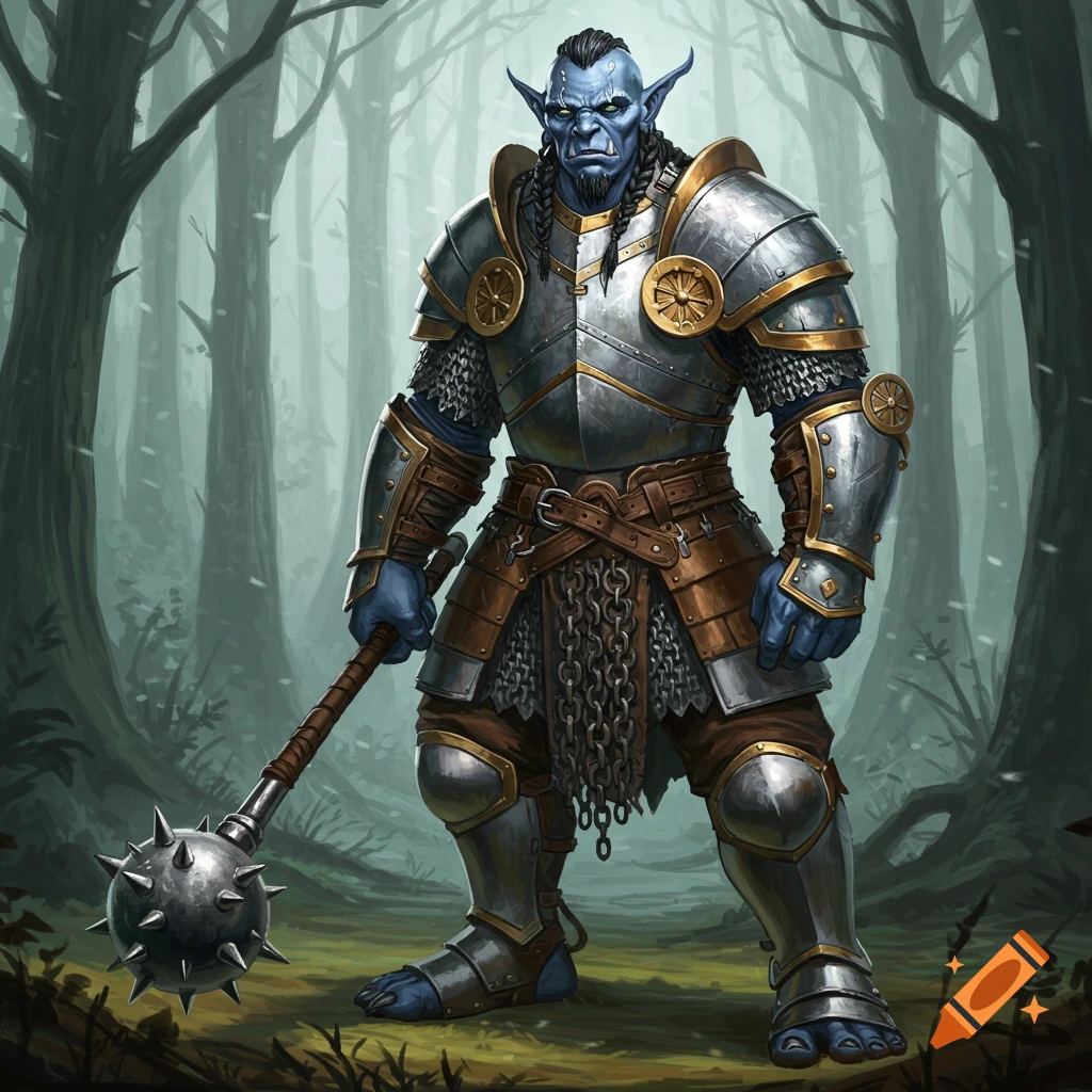 A blue-skinned fantasy creature in armor stands in a forest holding a ...