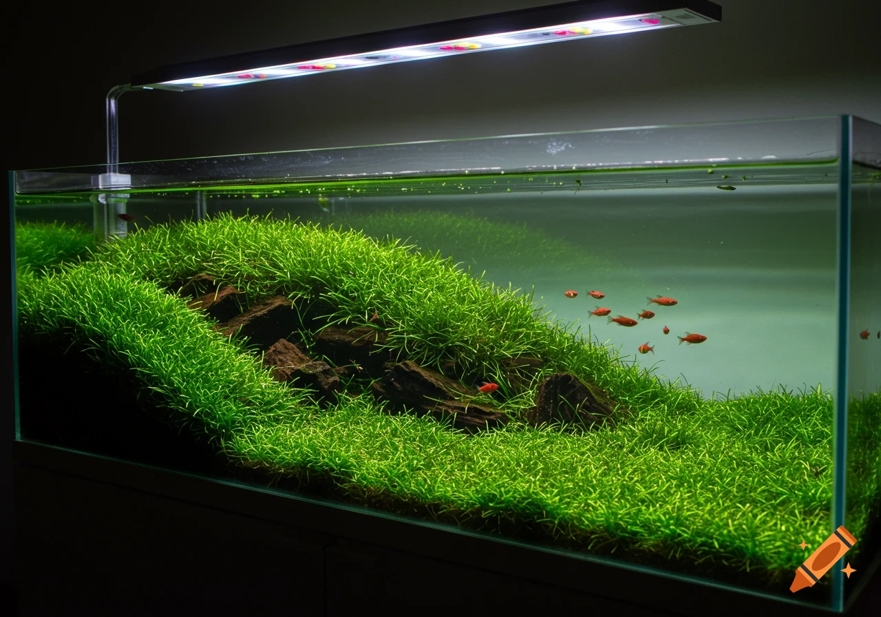A planted aquarium with green Monte Carlo grass, rocks, and red fish ...