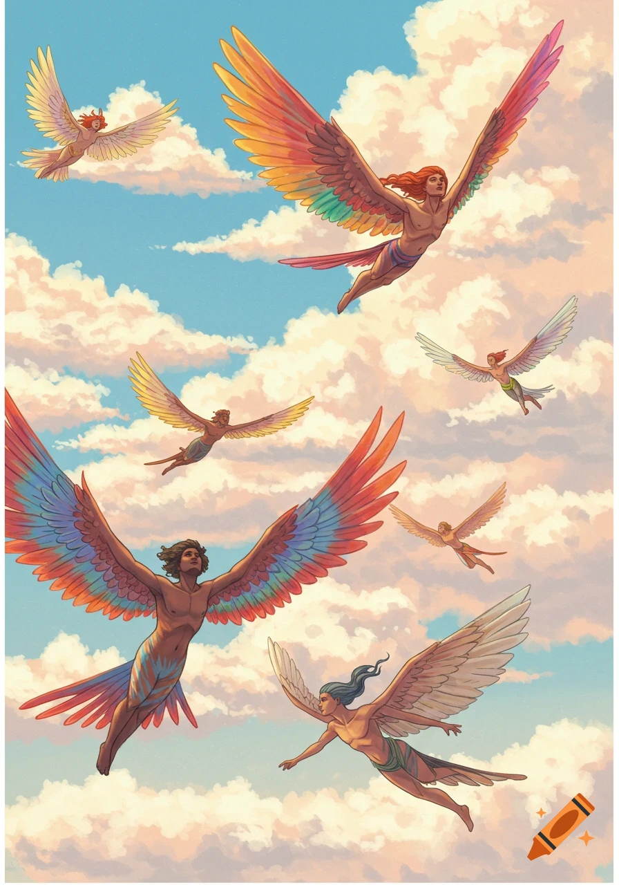 Winged humanoids flying through a cloudy sky in a painterly style. on ...
