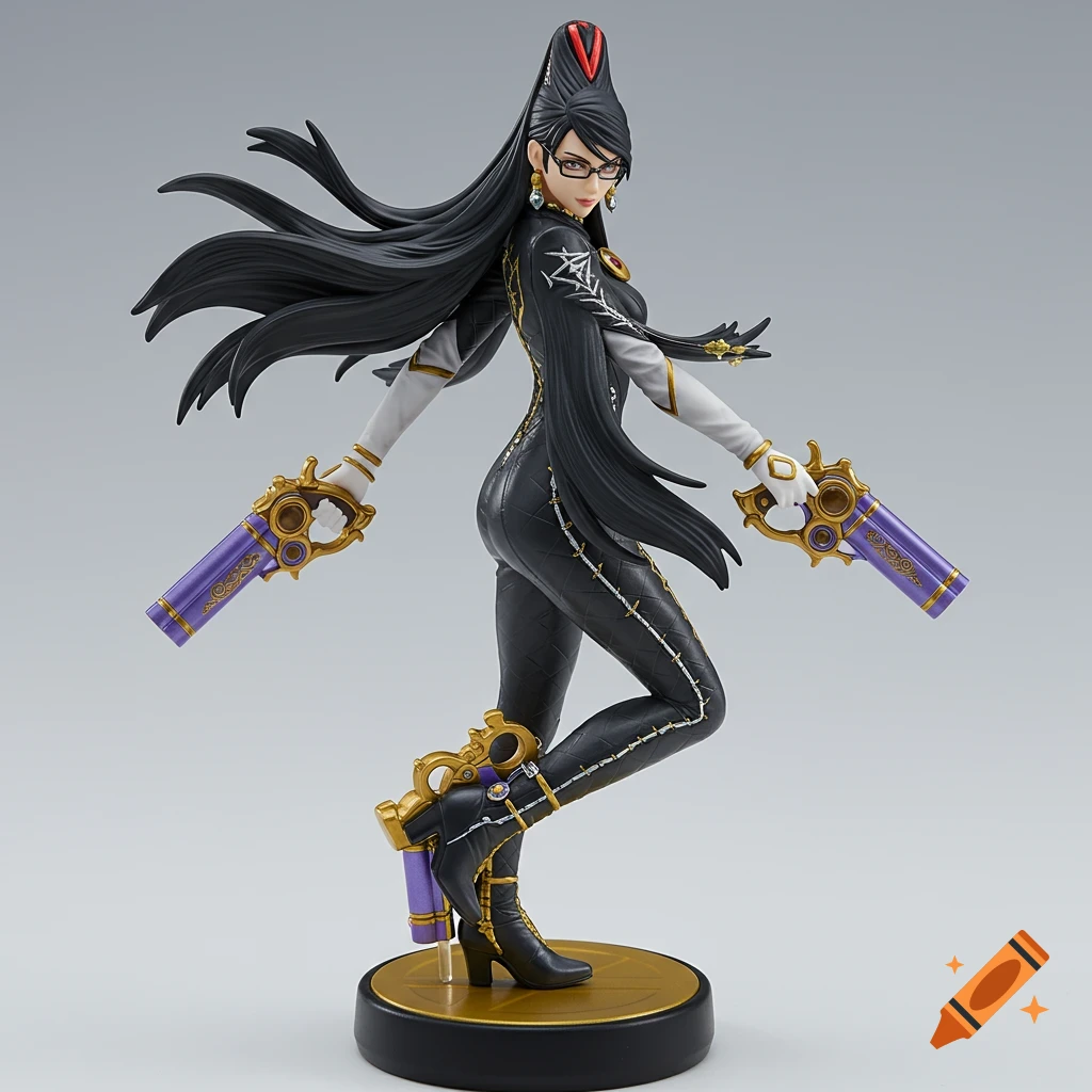 Figurine of the character Bayonetta holding two guns. on Craiyon