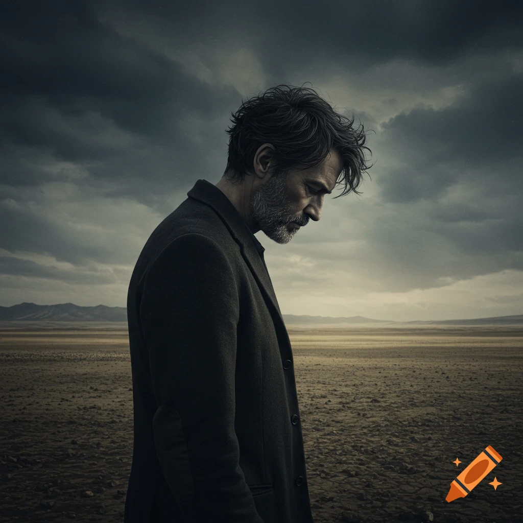 Side profile of a man in a coat looking down in a dramatic, desolate ...
