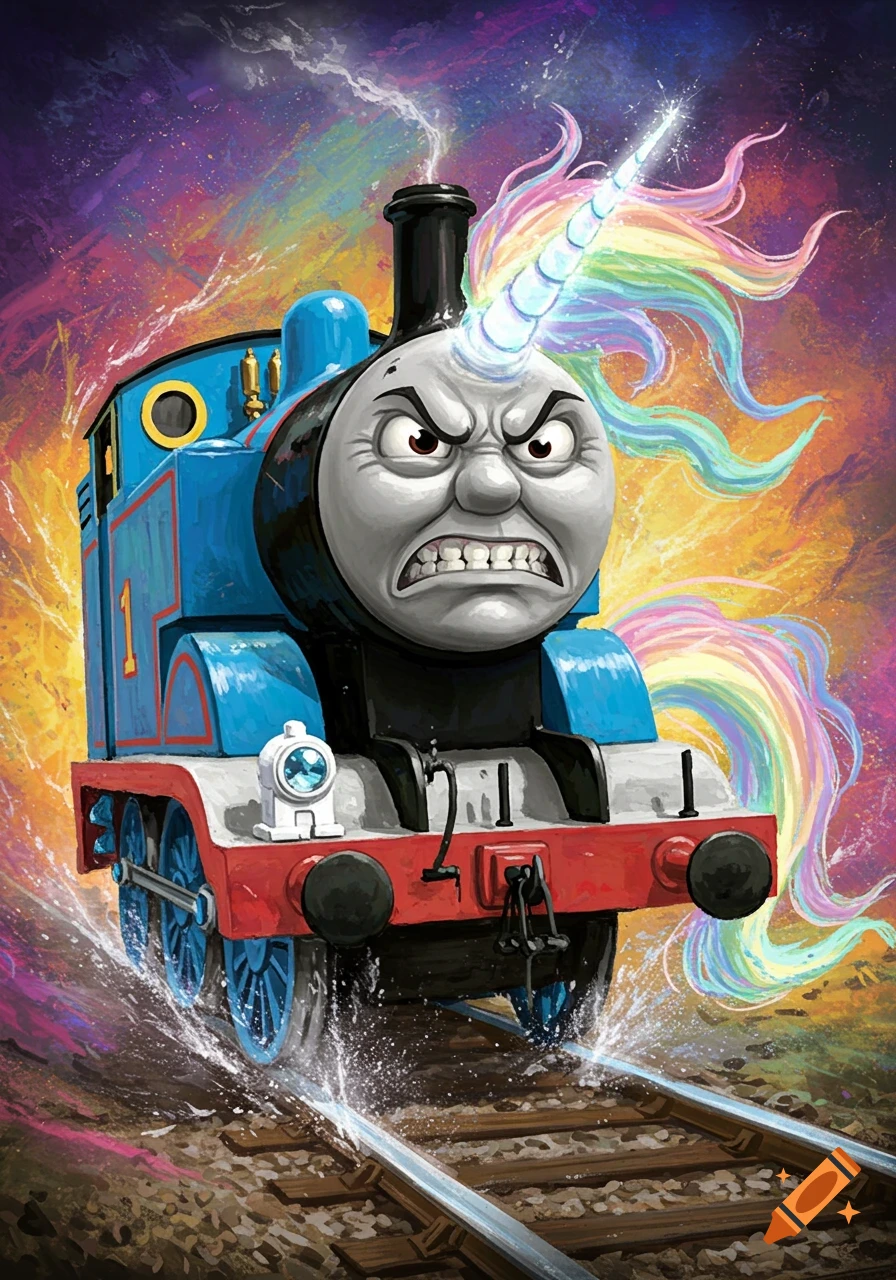 An angry Thomas the Tank Engine with a unicorn horn and rainbow mane on ...