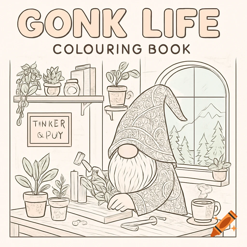 Line art illustration of a gnome working at a bench with plants ...