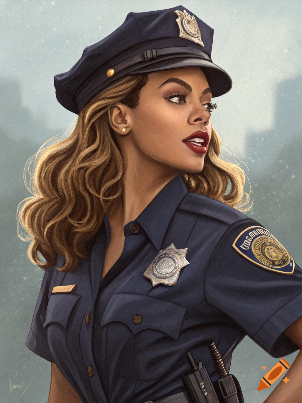 Digital painting portrait of a woman resembling Beyonce in a police ...