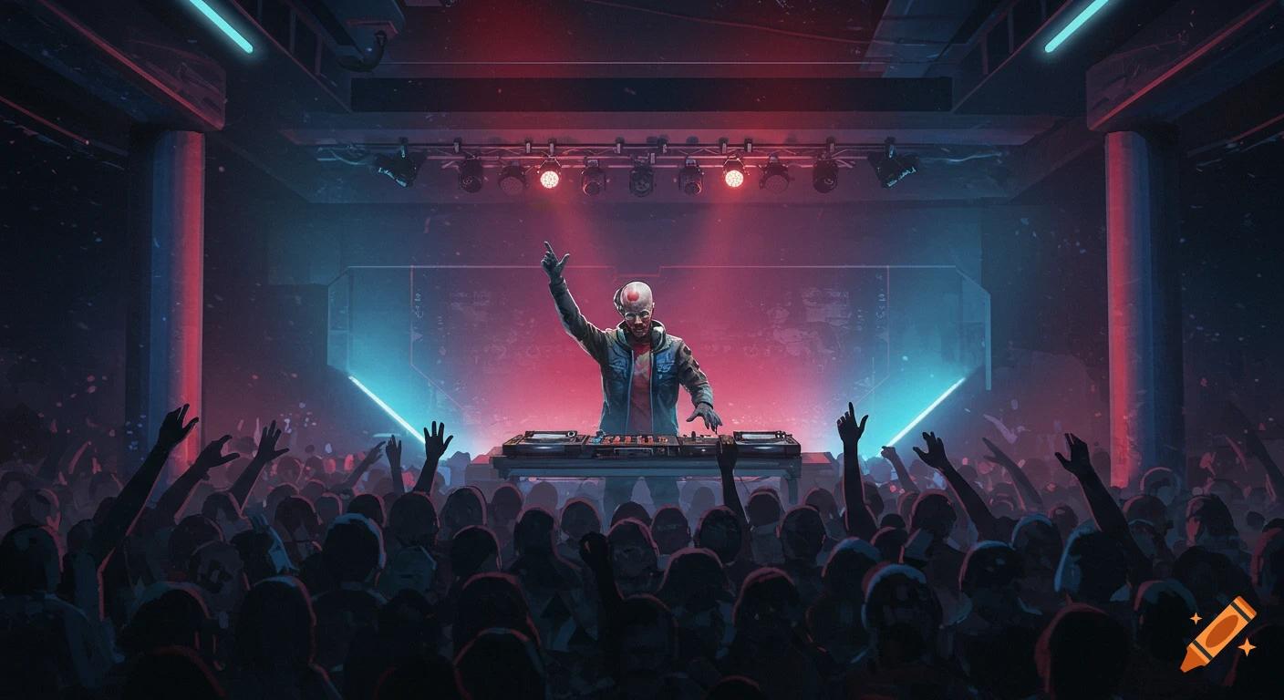A futuristic cyberpunk DJ performs on stage for a large crowd raising ...