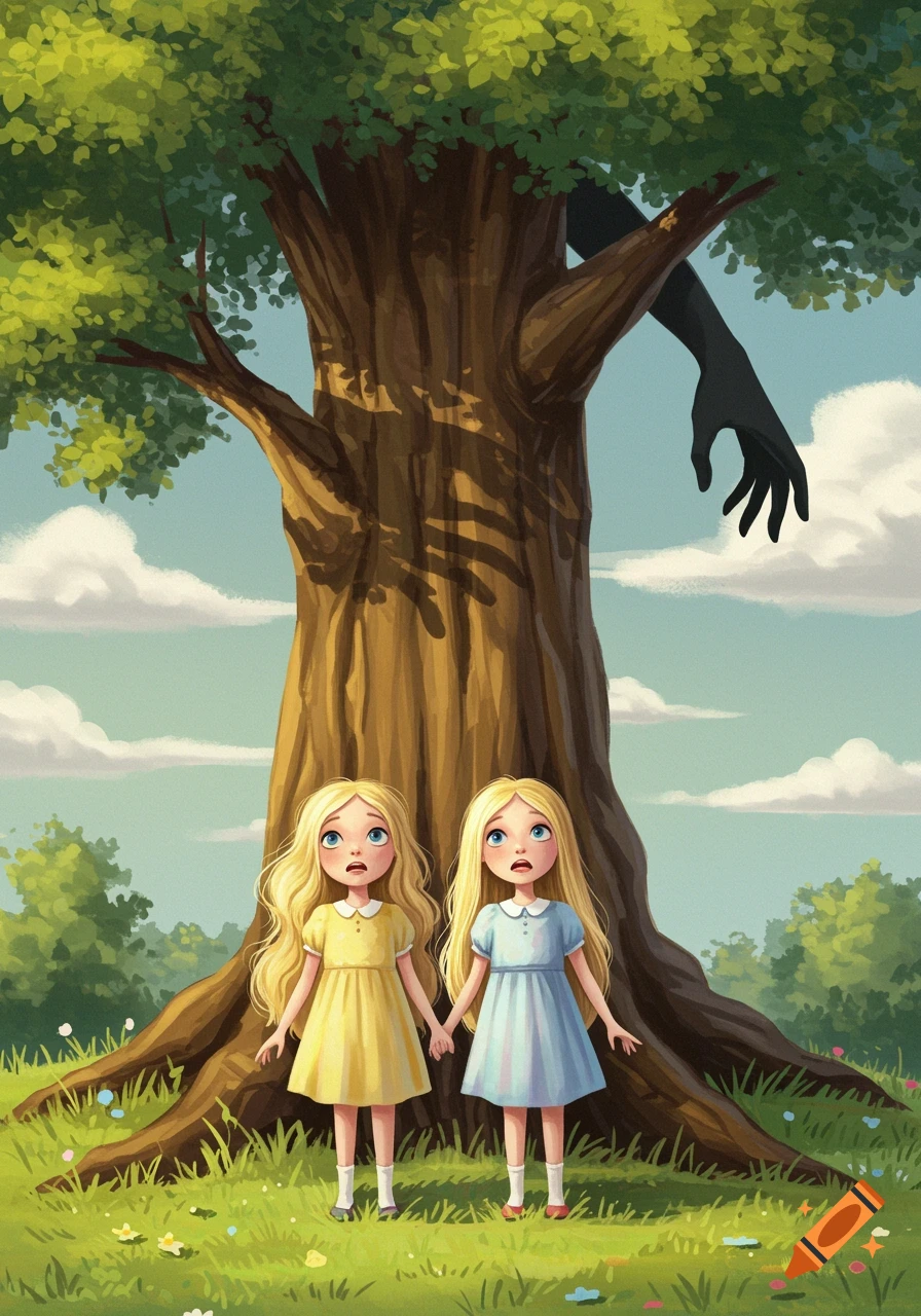 Illustration of two scared girls standing by a large tree with a ...
