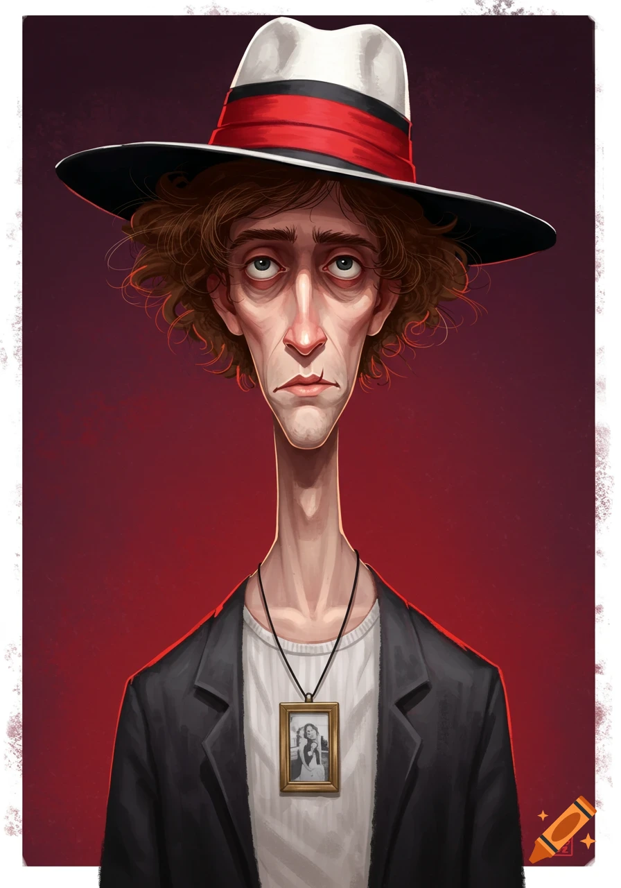 Stylized portrait of a tall, skinny man in a fedora hat and jacket ...