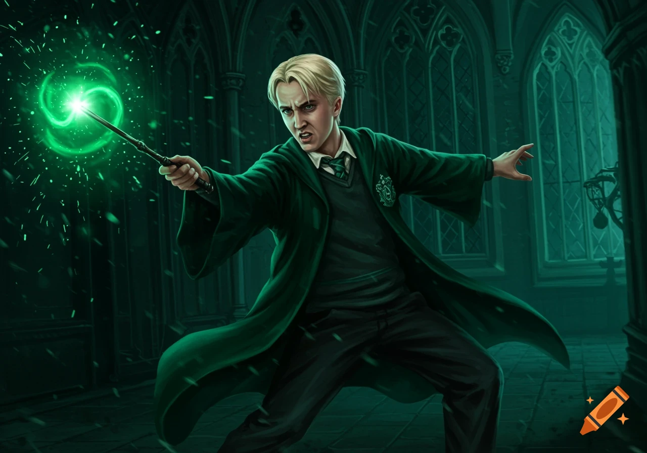 Draco Malfoy casts a green spell with his wand in a dark, gothic hall ...
