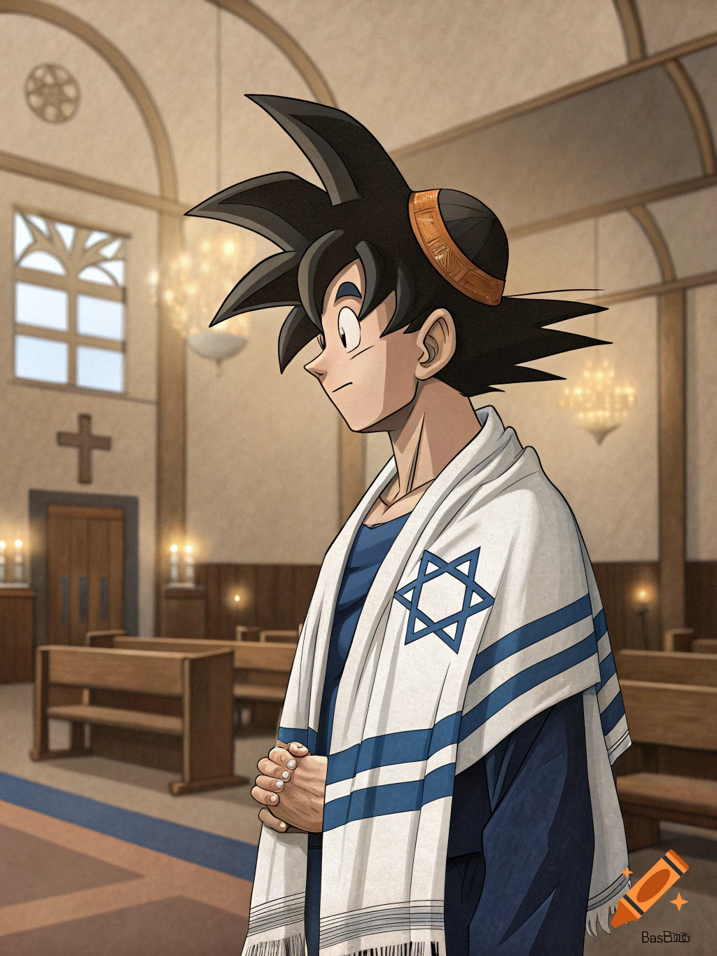 Anime drawing of Goku wearing a kippah and tallit, praying in a ...