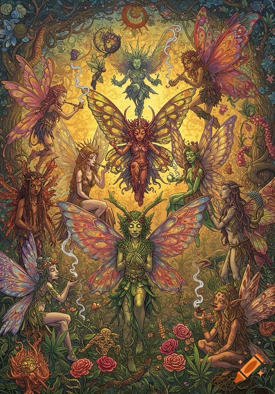 Detailed illustration of multiple fairies with colorful wings gathered ...