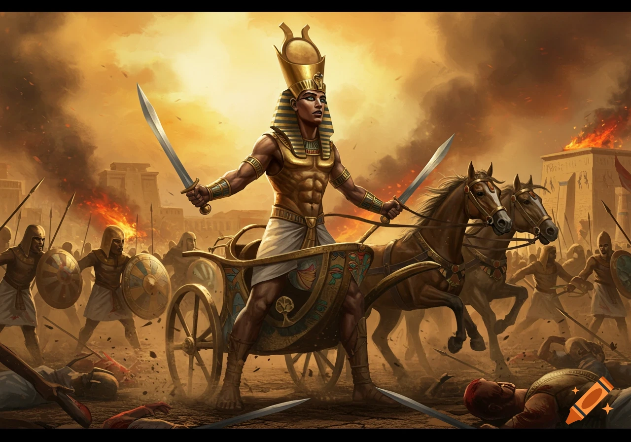 Egyptian pharaoh in a chariot leading an army in a fiery battle on Craiyon