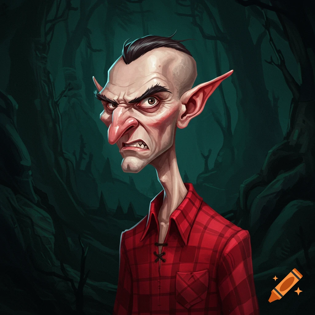 Caricature illustration of an angry thin elf with a sharp nose wearing ...