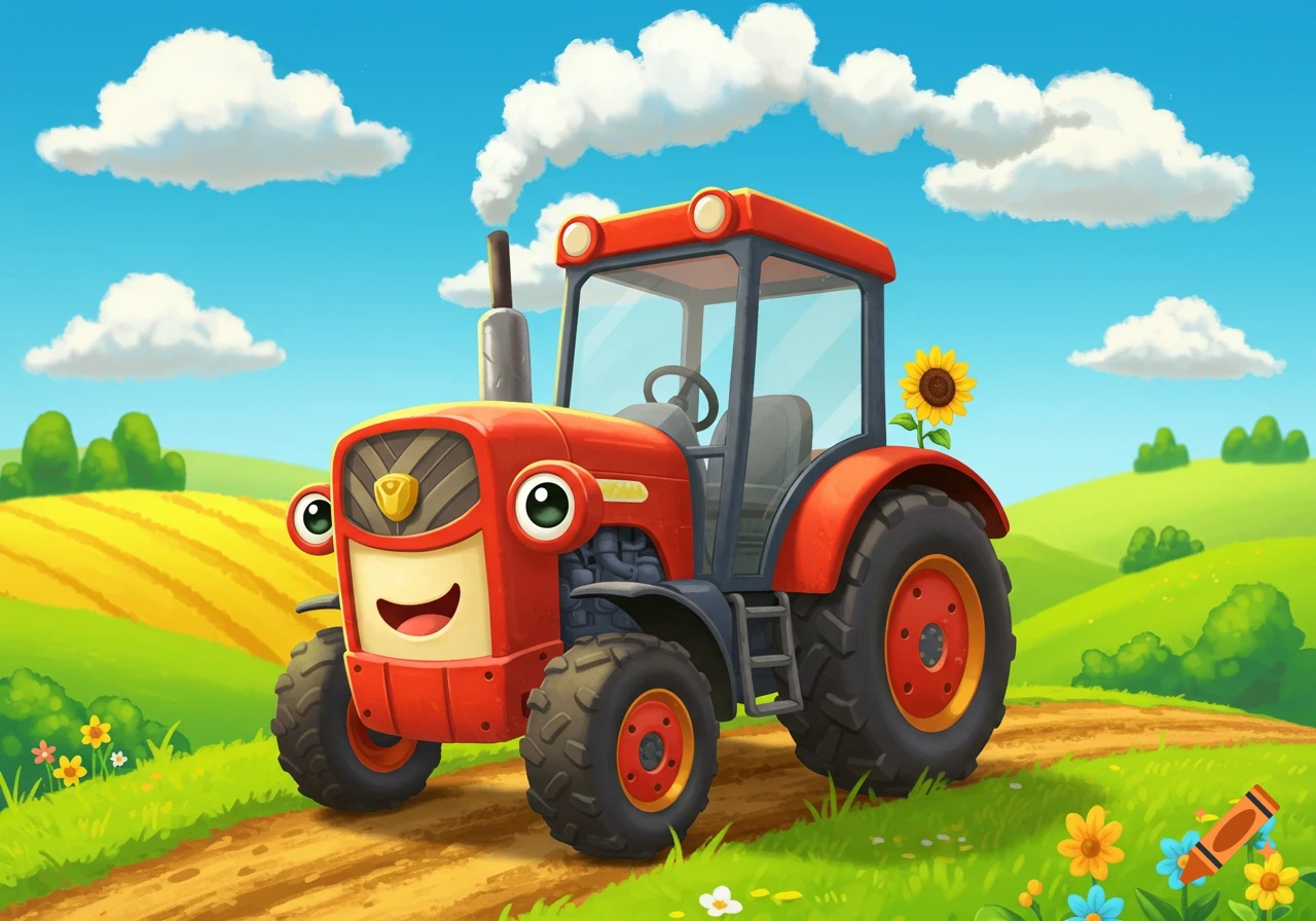 A cute red cartoon tractor with a smiling face sits on a dirt path in a ...