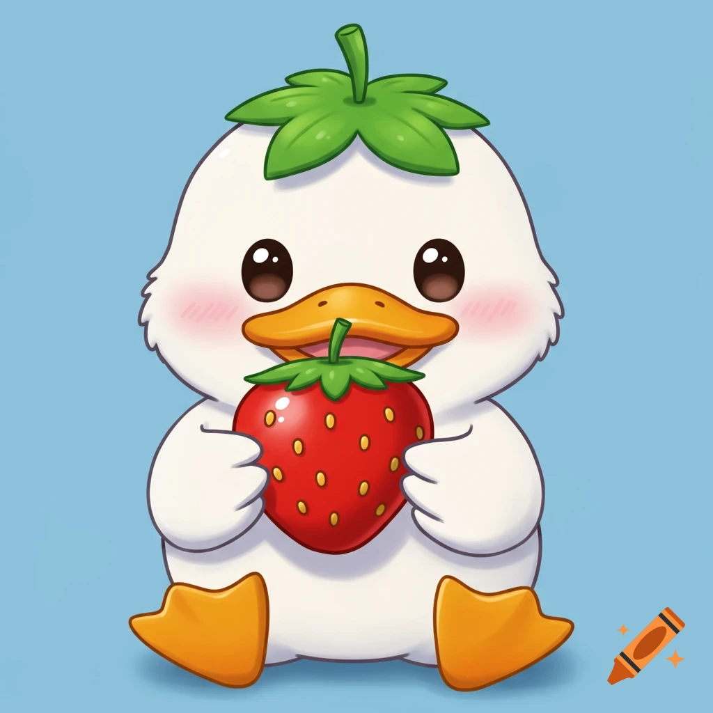 A cute white cartoon duck holds a large strawberry. on Craiyon