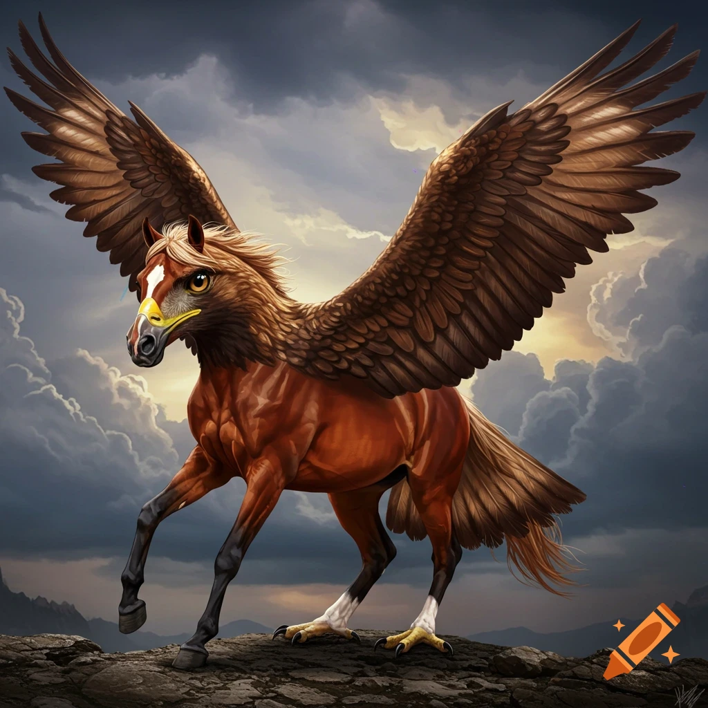 Mythical creature combining a horse and eagle stands on a rock. on Craiyon