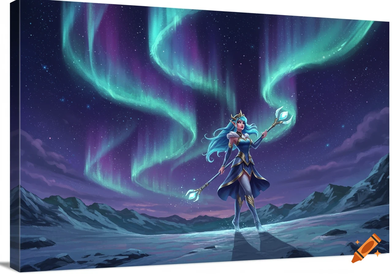 A fantasy character stands in a snowy landscape under the aurora ...