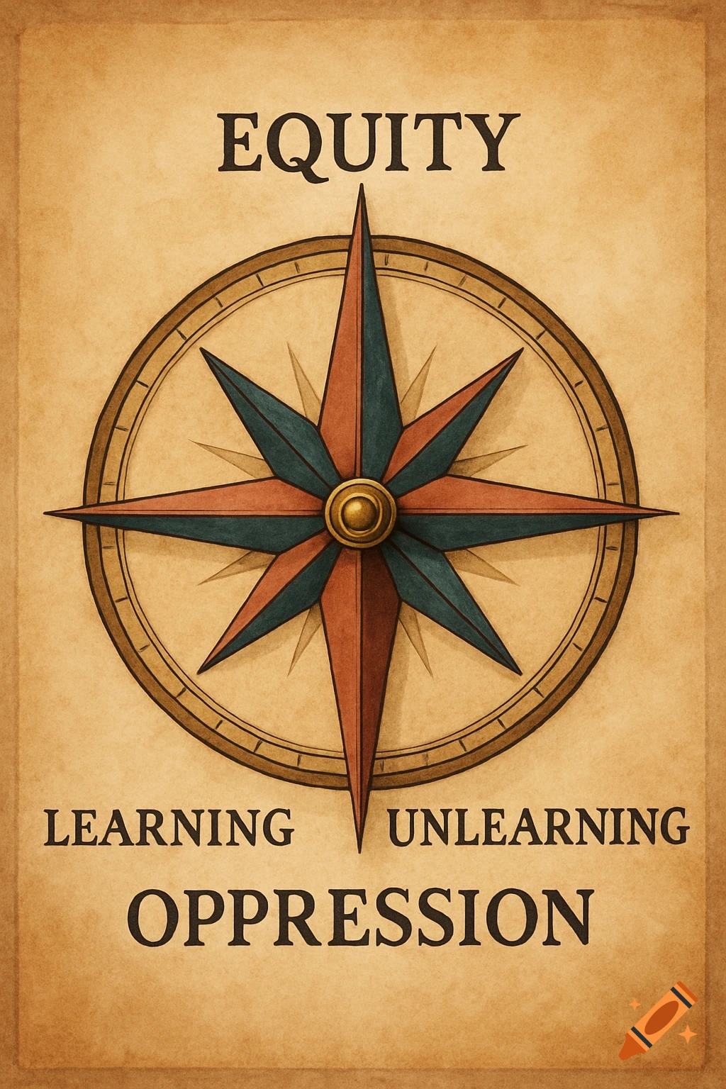 Illustration of a compass with 'EQUITY' north, 'OPPRESSION' south ...