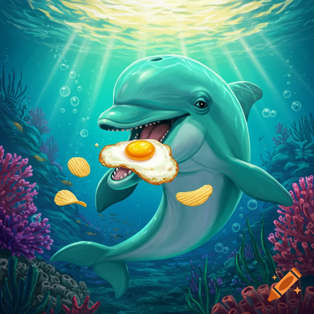 Cartoon dolphin eating a fried egg and chips underwater amongst coral ...