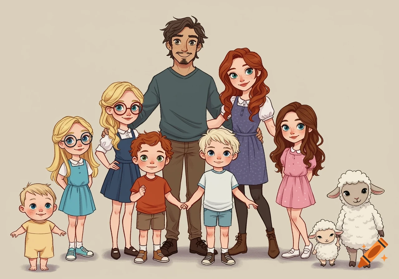 A cartoon illustration of a diverse family group with several children ...