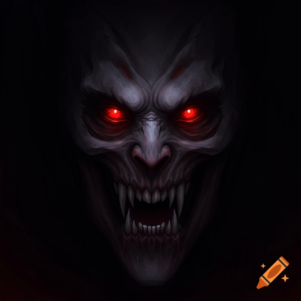 A close-up of a demonic face with sharp fangs and glowing red eyes. on ...
