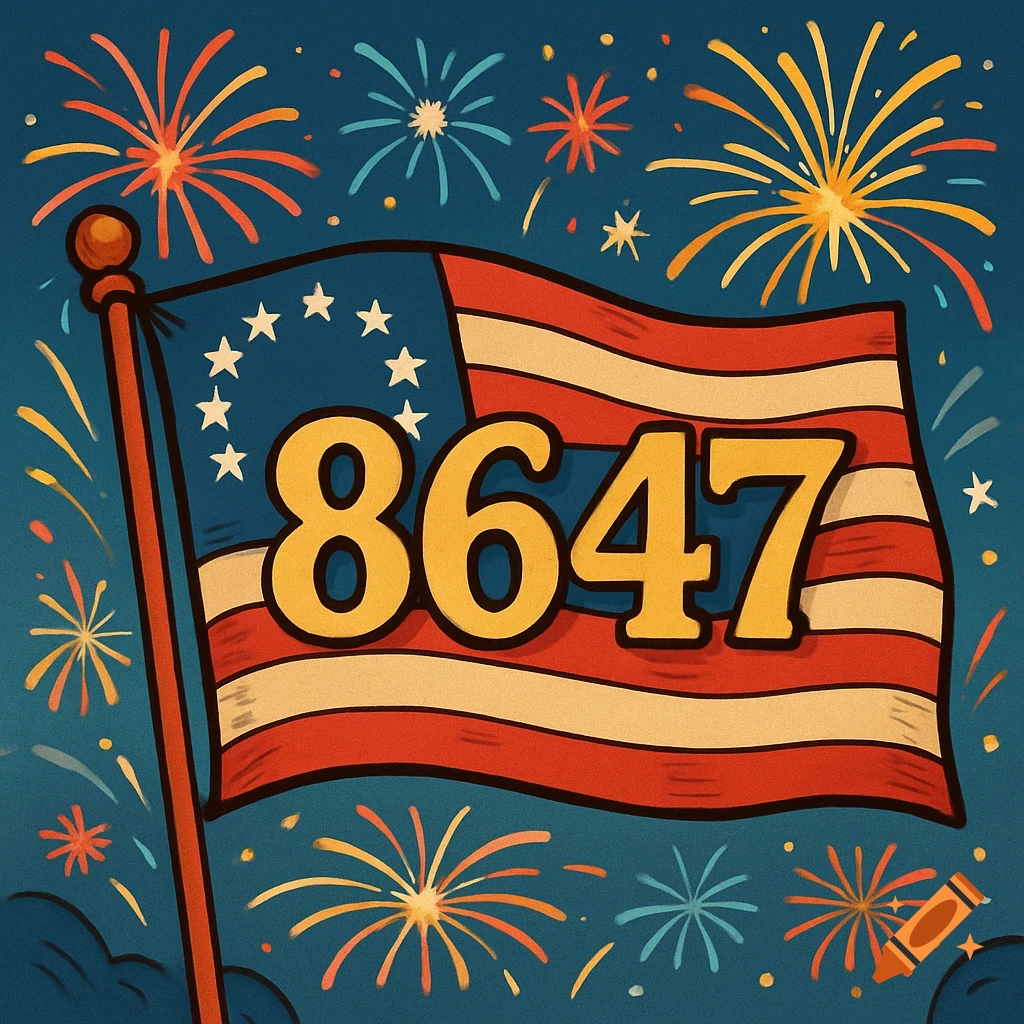 Cartoon colonial American flag with the number 8647 on it, surrounded ...