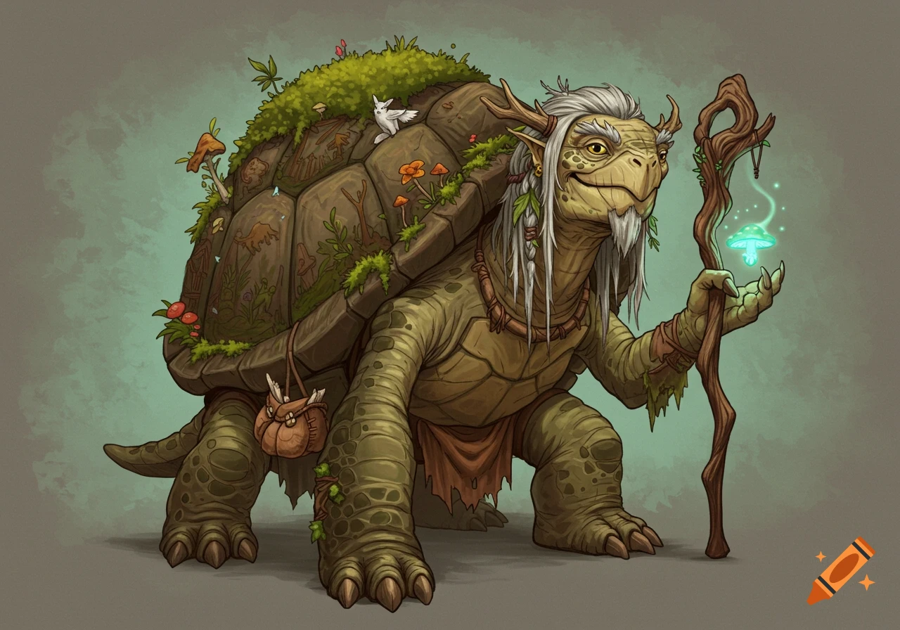 Fantasy illustration of a turtle druid with a staff and glowing mushroom, covered in moss and ...