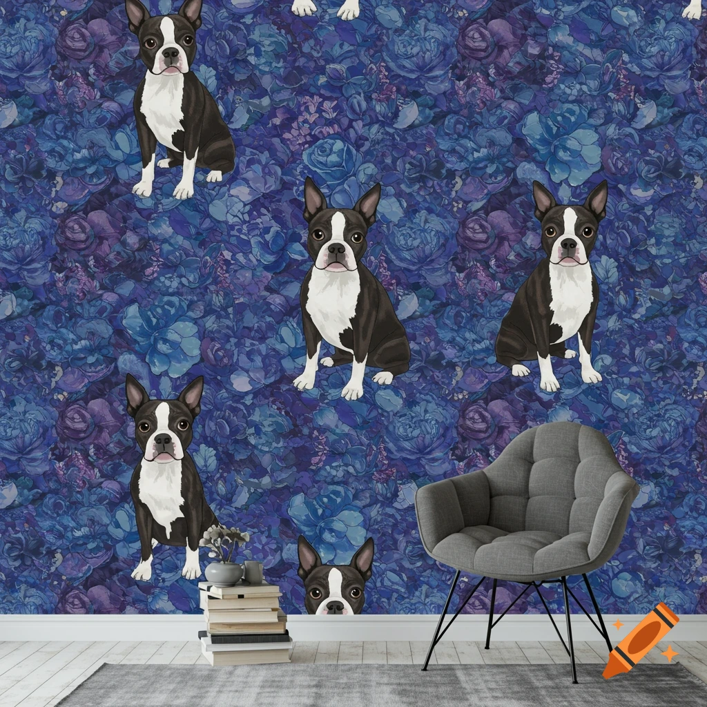 Boston Terriers repeating pattern wallpaper on a wall behind a chair ...
