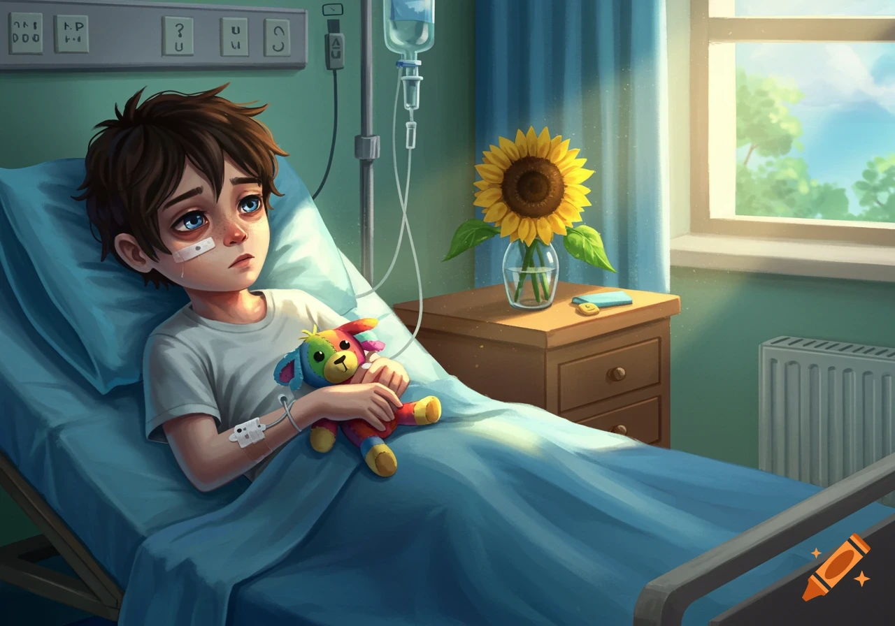 Illustration of a sad boy in a hospital bed holding a stuffed animal ...