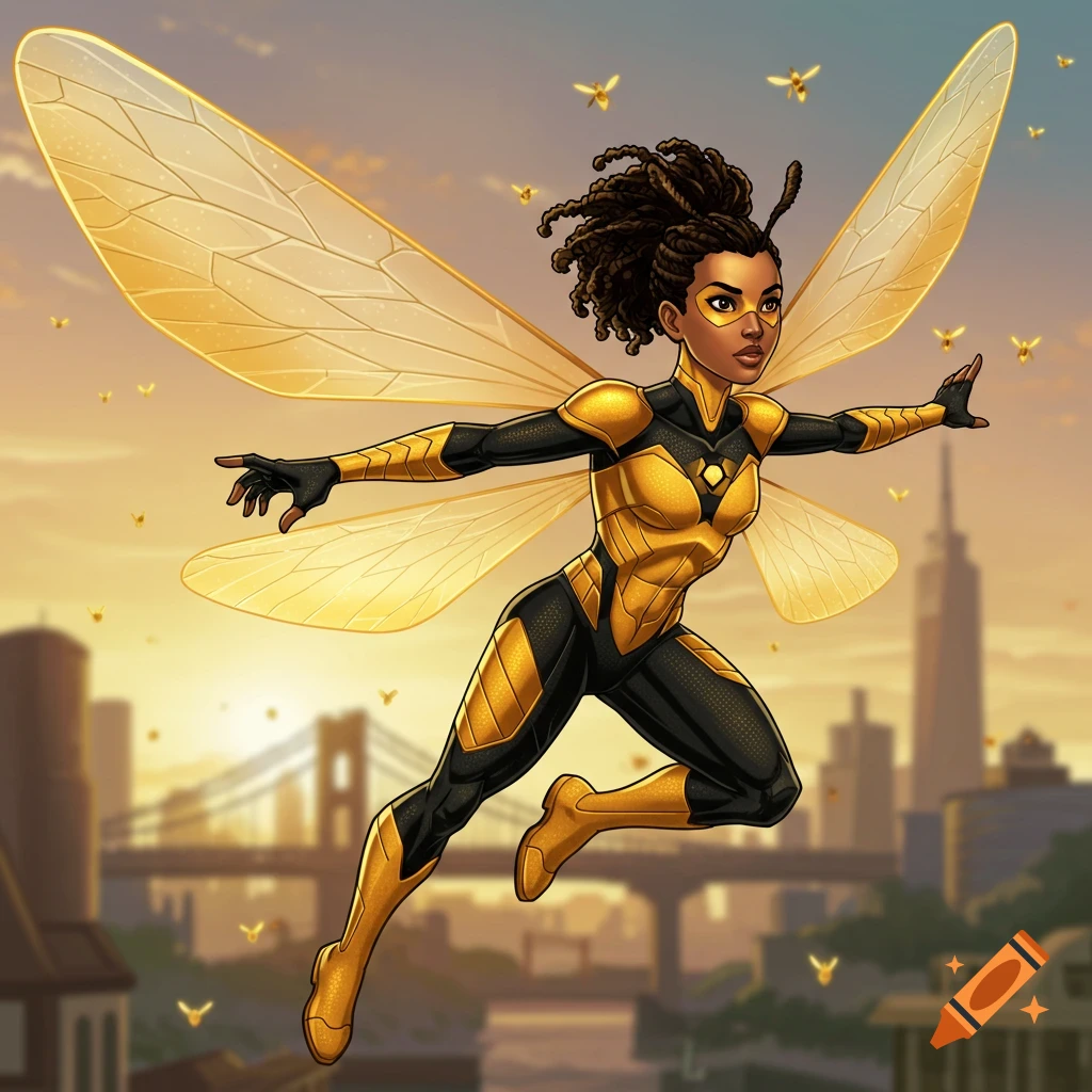 Female superhero in bee suit flying over a city at sunset on Craiyon