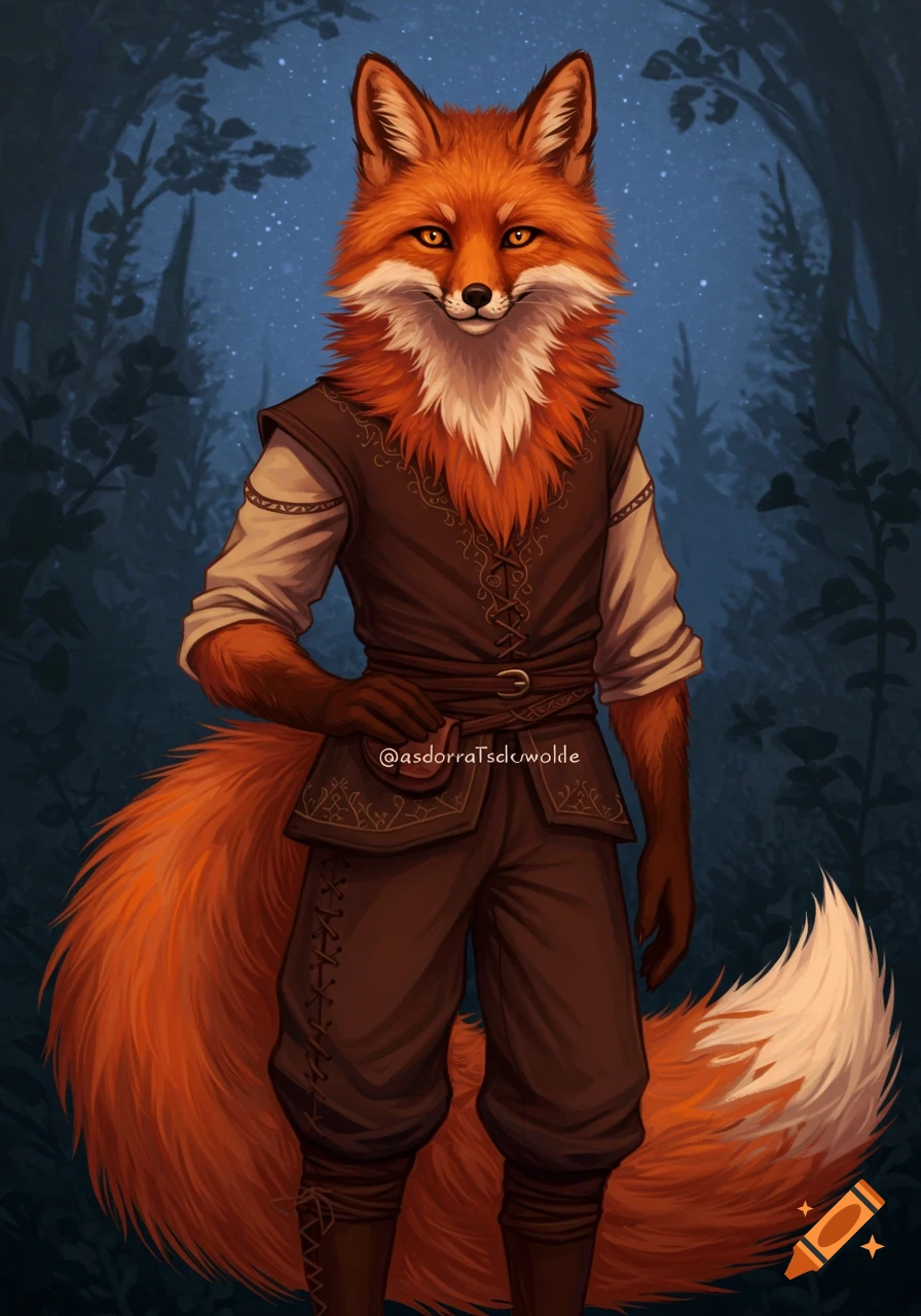 Anthropomorphic fox character in fantasy clothing standing in a dark ...