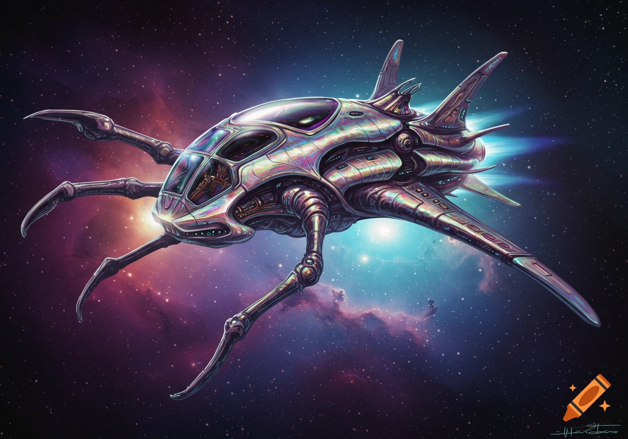 A detailed illustration of a shiny, insect-like alien spaceship flying ...