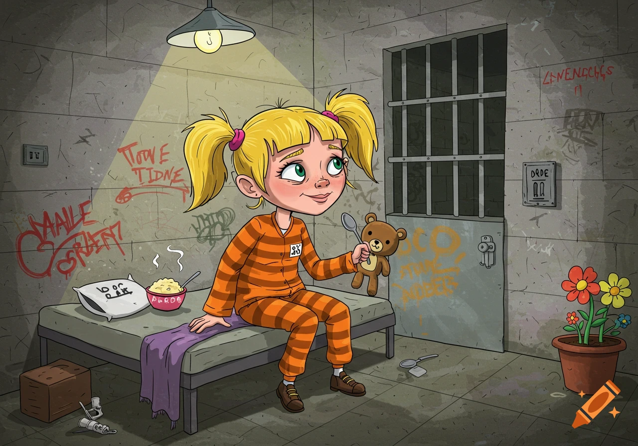 A cartoon girl with blonde pigtails in an orange prison uniform sits on ...