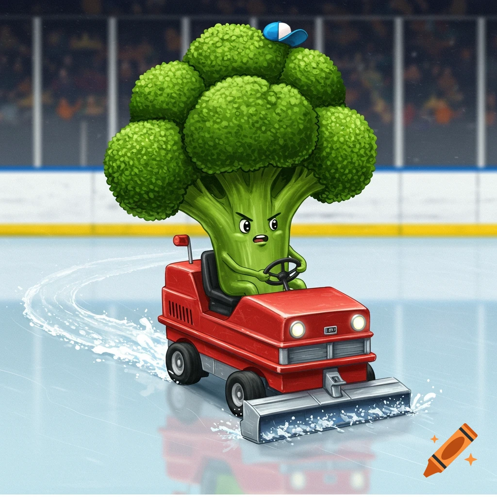 Cartoon broccoli in a baseball cap drives a Zamboni on an ice rink. on ...