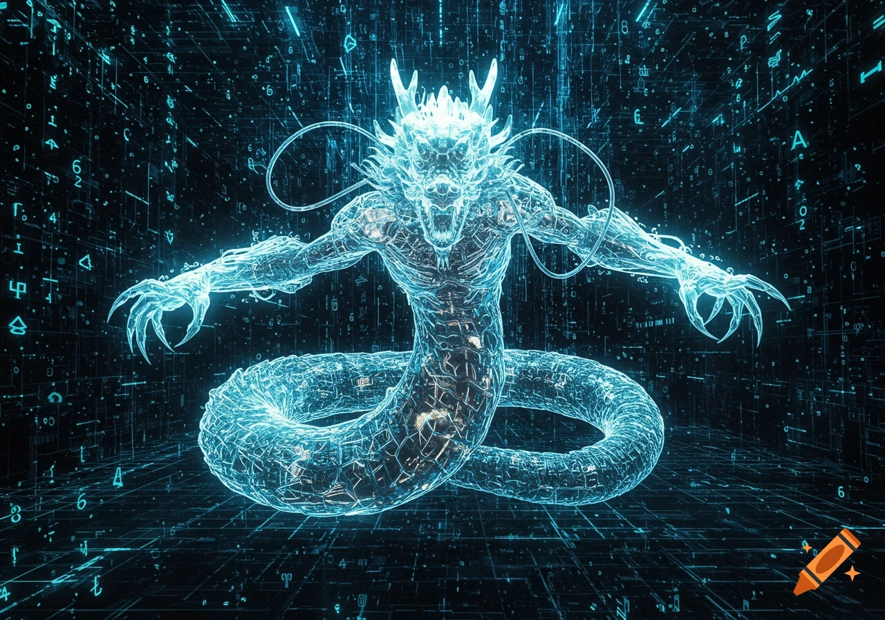 A glowing blue wireframe dragon creature in a dark digital cyberspace ...