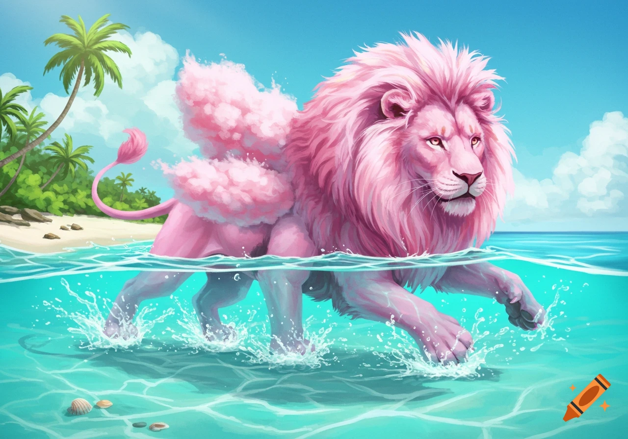 A pink lion with fluffy pink wings swims in the shallow water near a ...