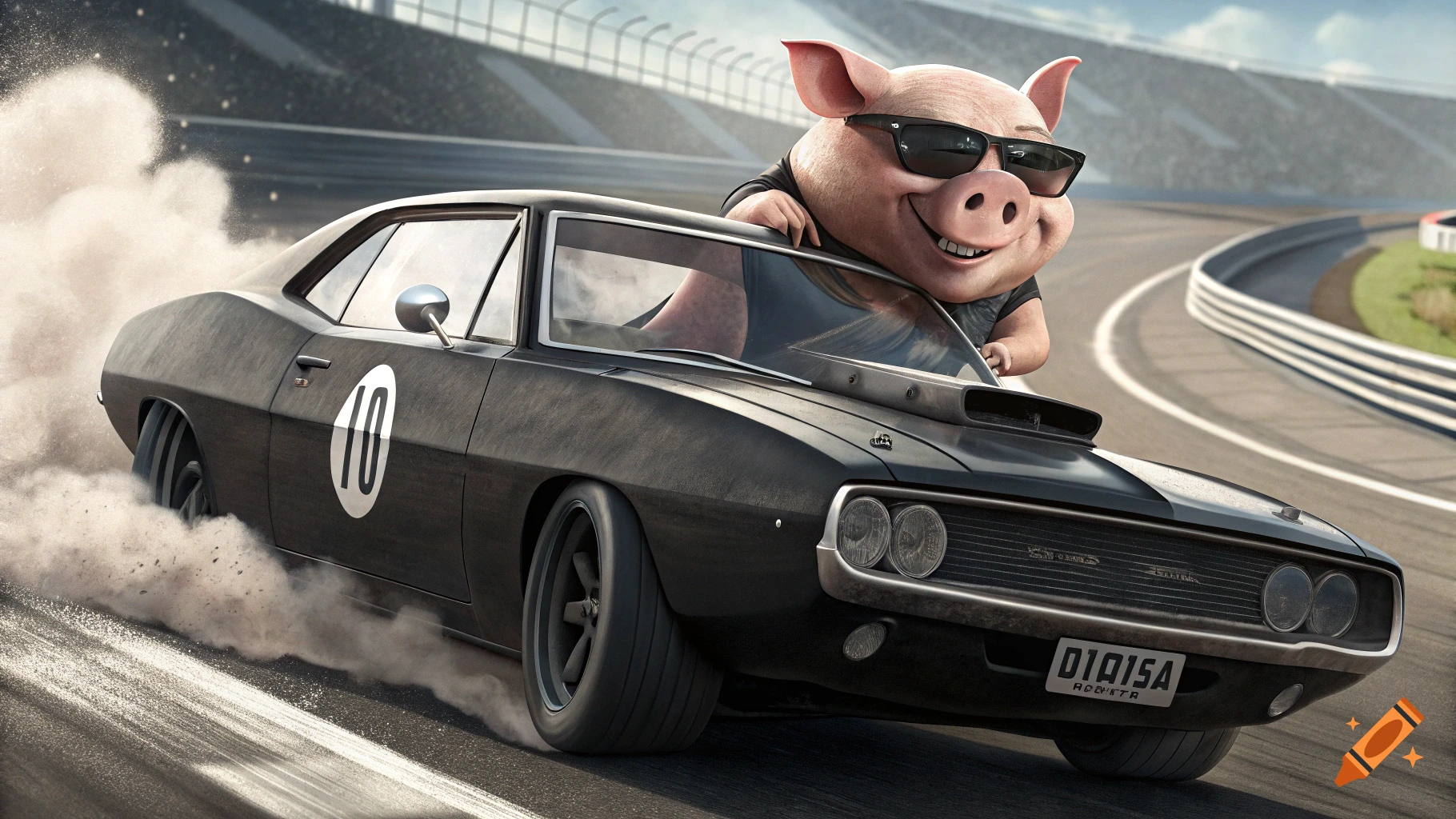 Cartoon pig in sunglasses driving a black muscle car on a race track ...