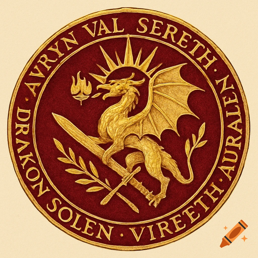 A circular royal crest featuring a gold dragon, sword, and laurel ...