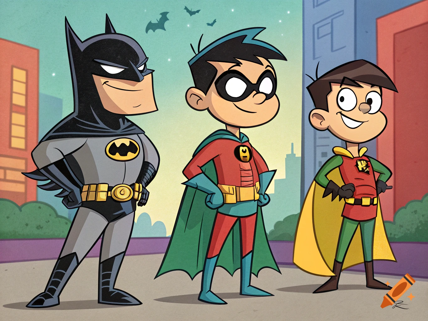 Cartoon style illustration of Batman and two versions of Robin standing ...