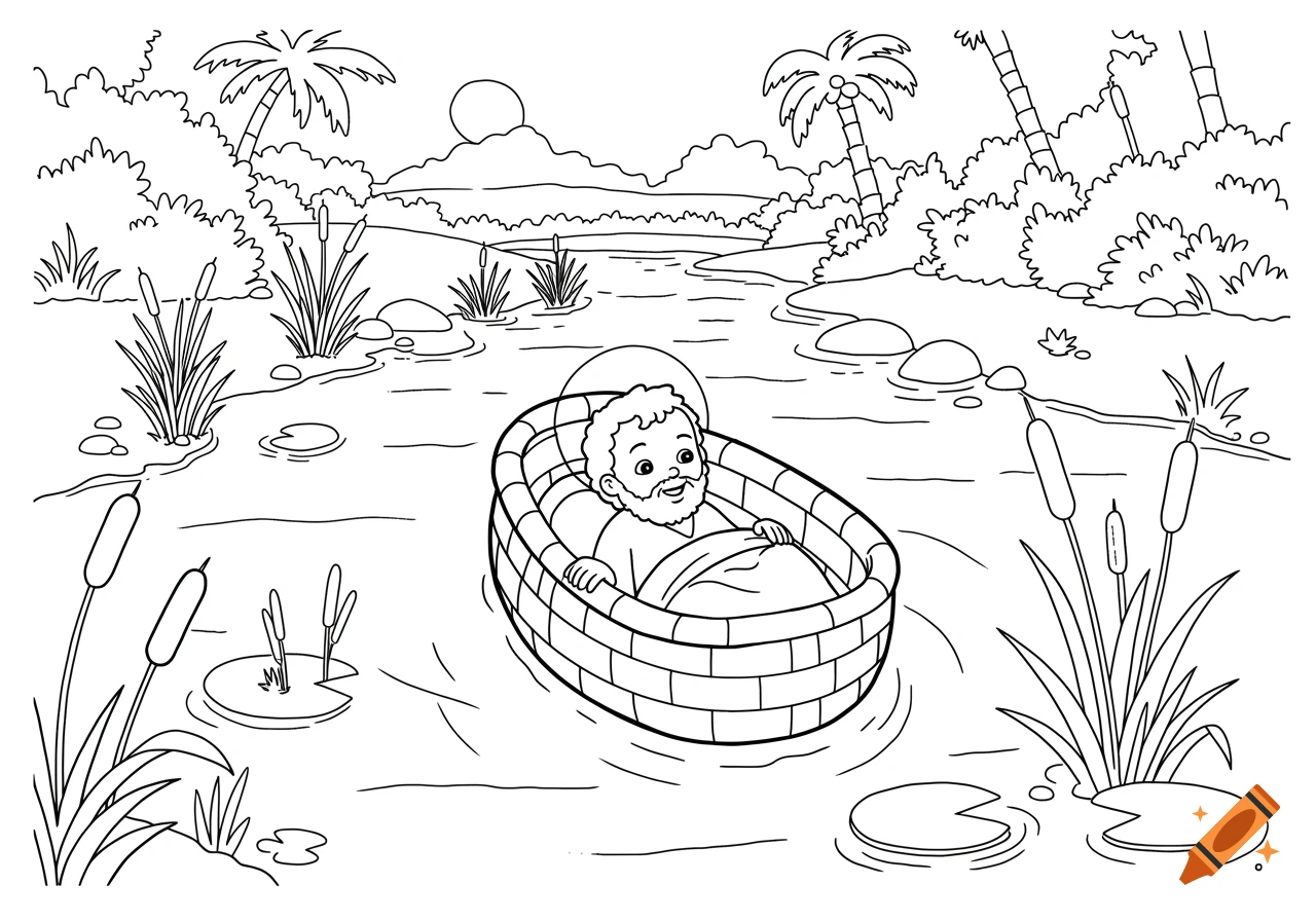 Line art drawing of a baby in a basket floating on a river, coloring ...