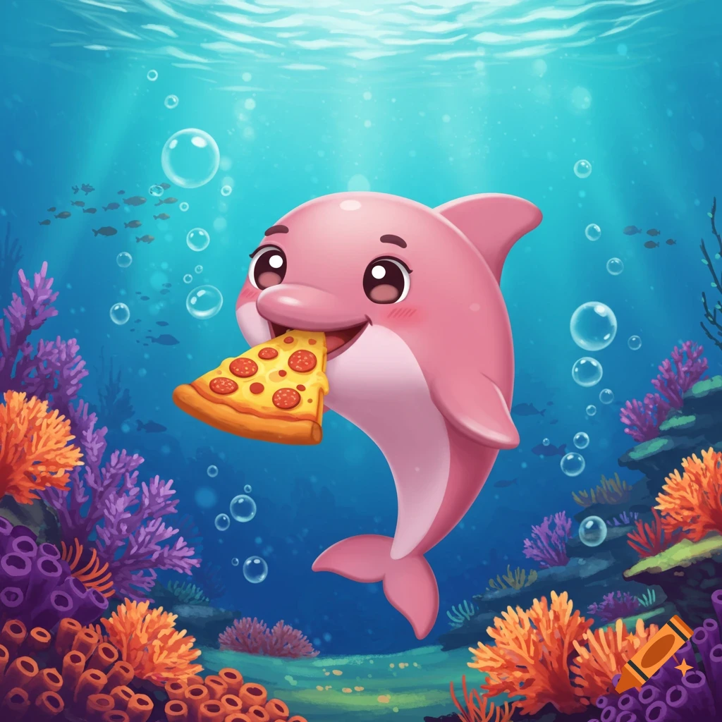 A cute pink cartoon dolphin eats a slice of pizza underwater. on Craiyon