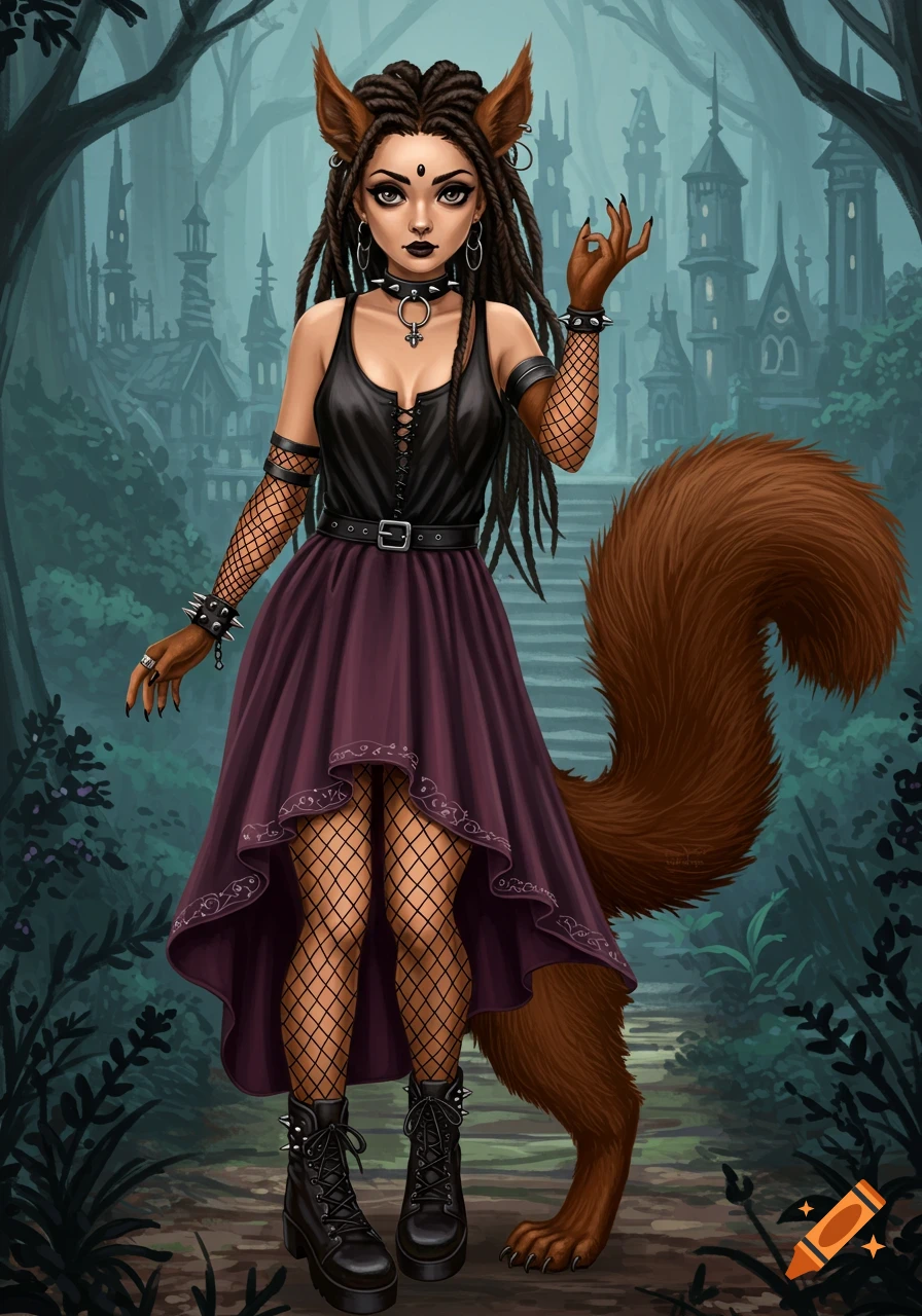 A gothic squirrel hybrid woman with dreadlocks stands in a fantasy ...
