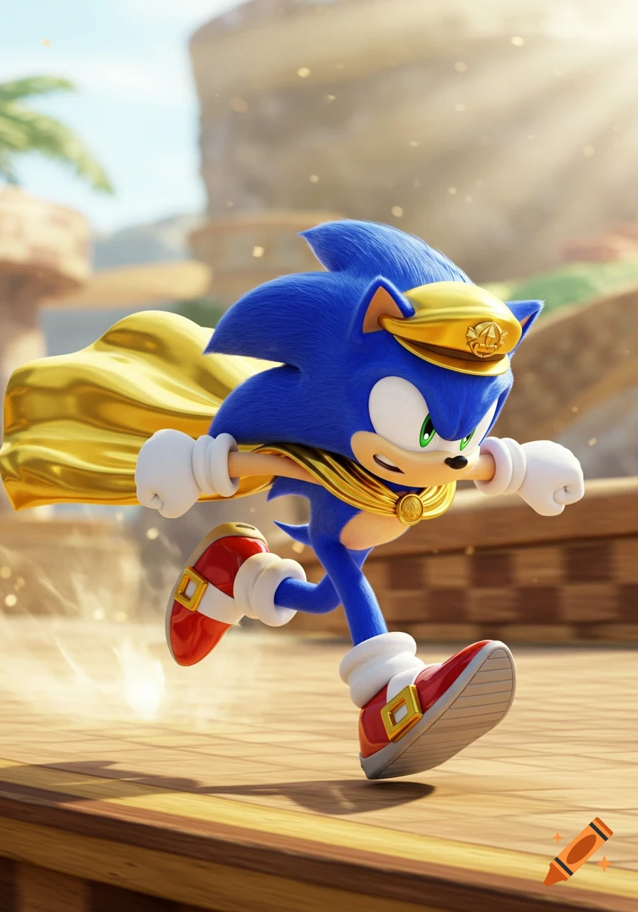 Sonic the Hedgehog runs wearing a gold cape and cap on Craiyon